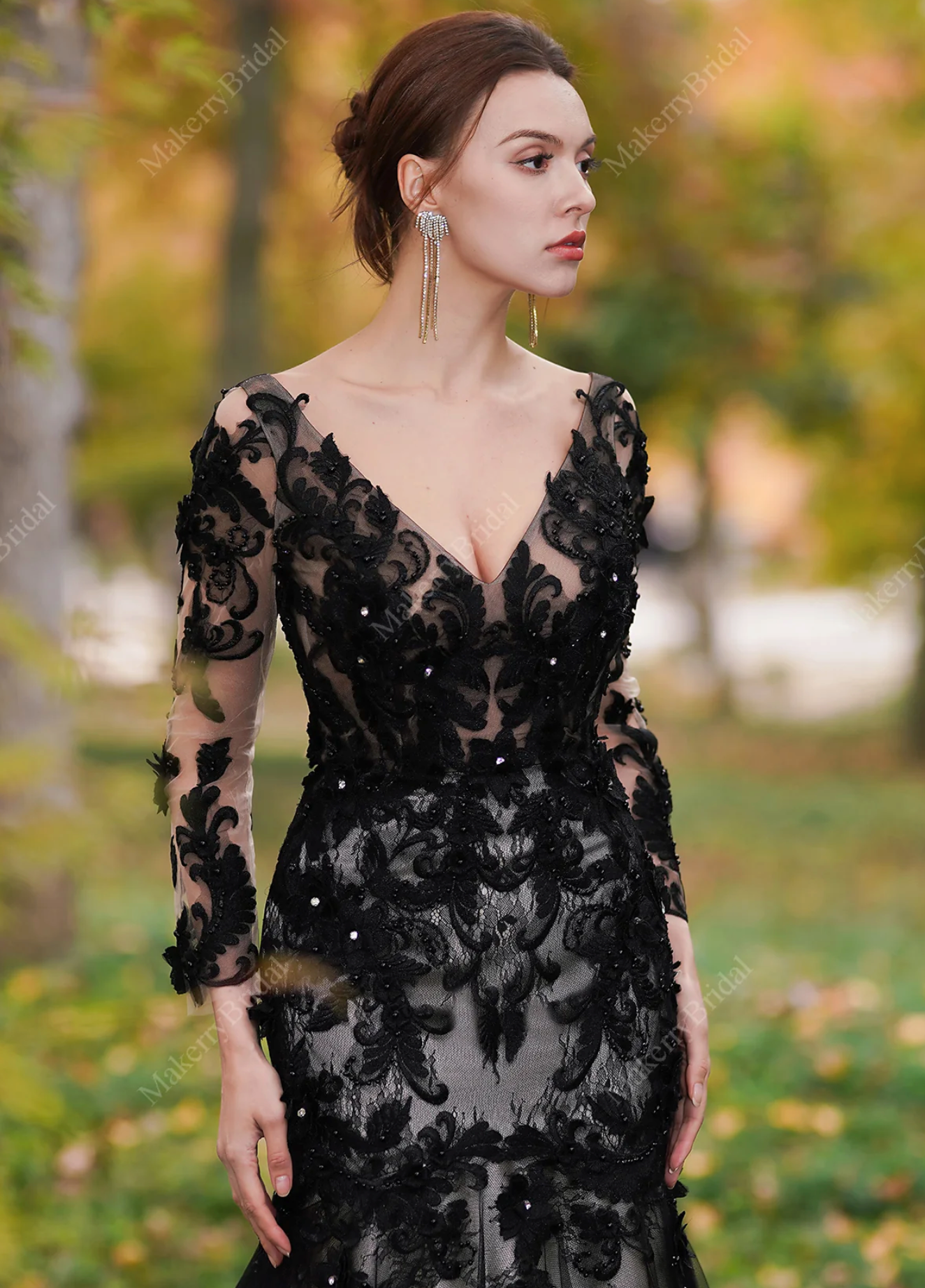 Black Flower Wedding Dress With Illusion Detachable Sleeves Black Flower Wedding Dress With Illusion Detachable Sleeves