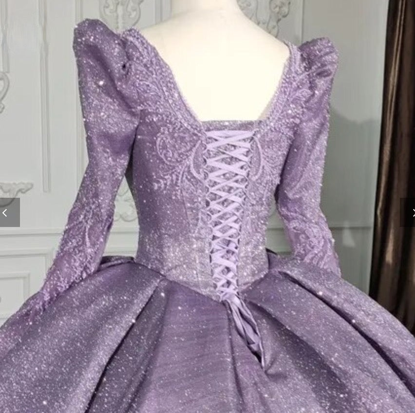 Purple Long Sleeve Full Gather Skirt A Line Party Ball Gown – TulleLux ...